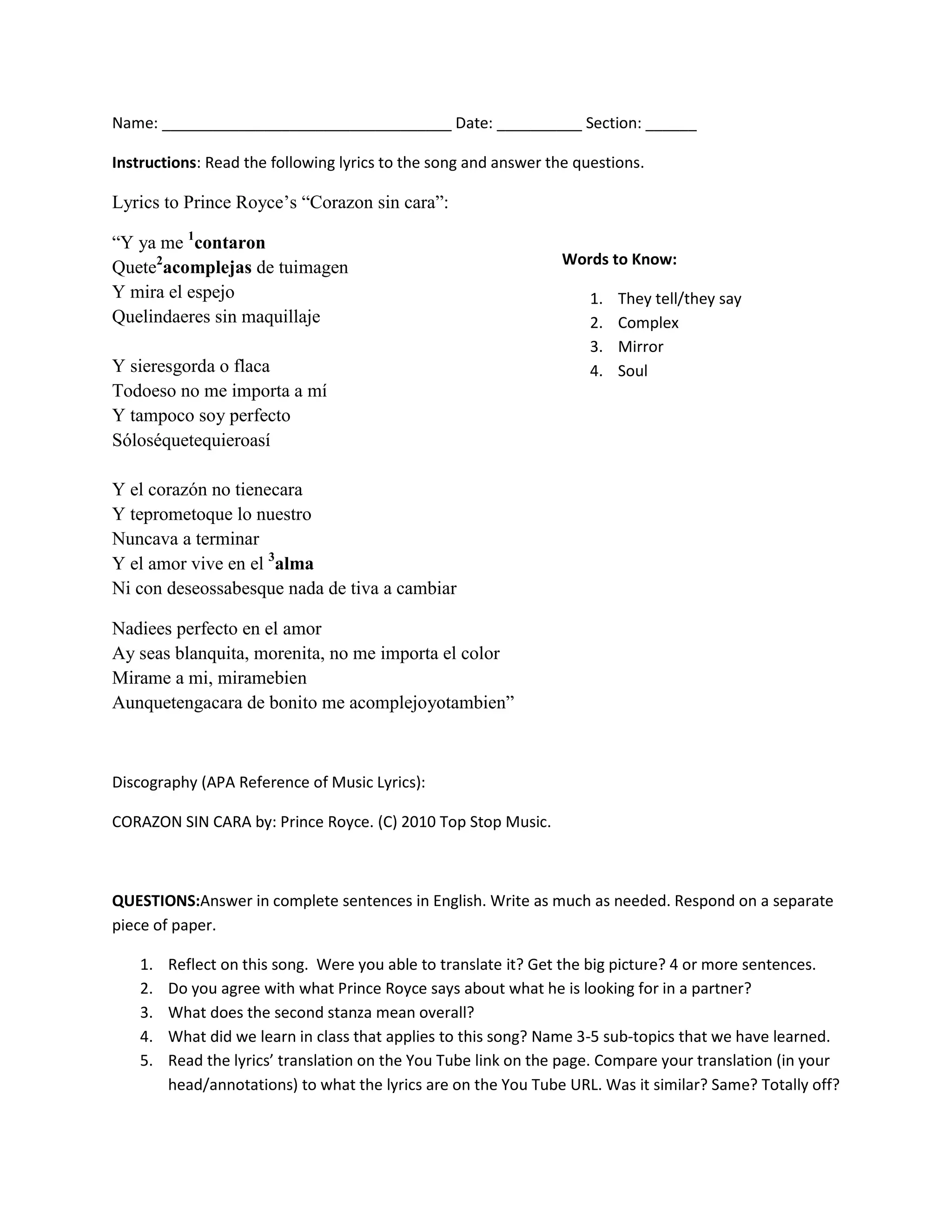 Corazon sin cara extra credit | DOCX