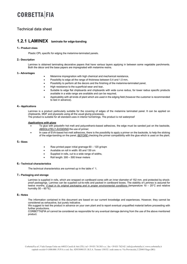 Corbetta Fia - Technical data sheet | PDF