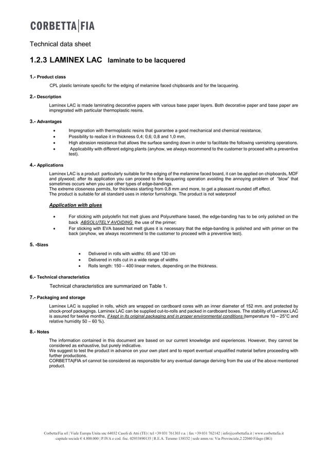 Corbetta Fia - Technical data sheet | PDF
