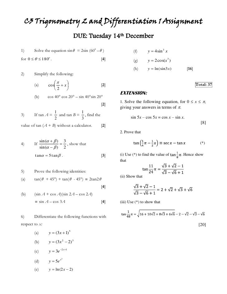 Differentiation Formulas Trigonometric Functions