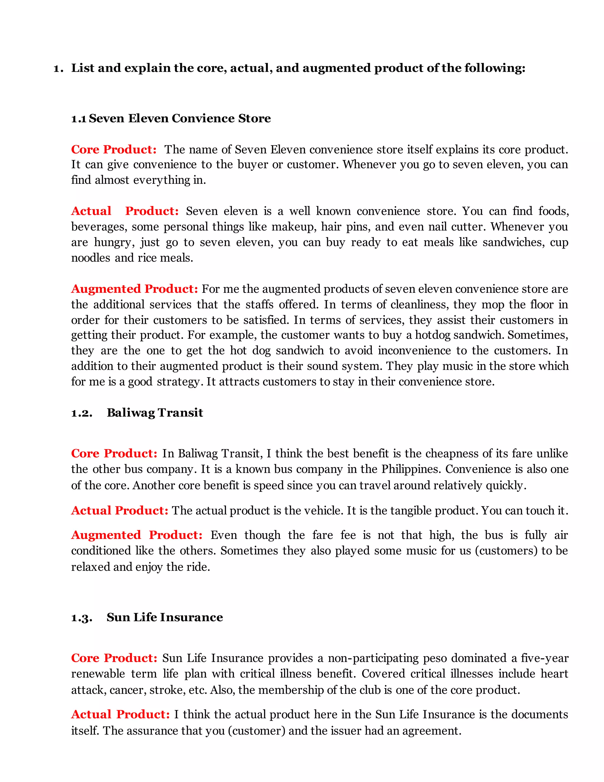 Core, actual and augmented products of different companies | DOCX