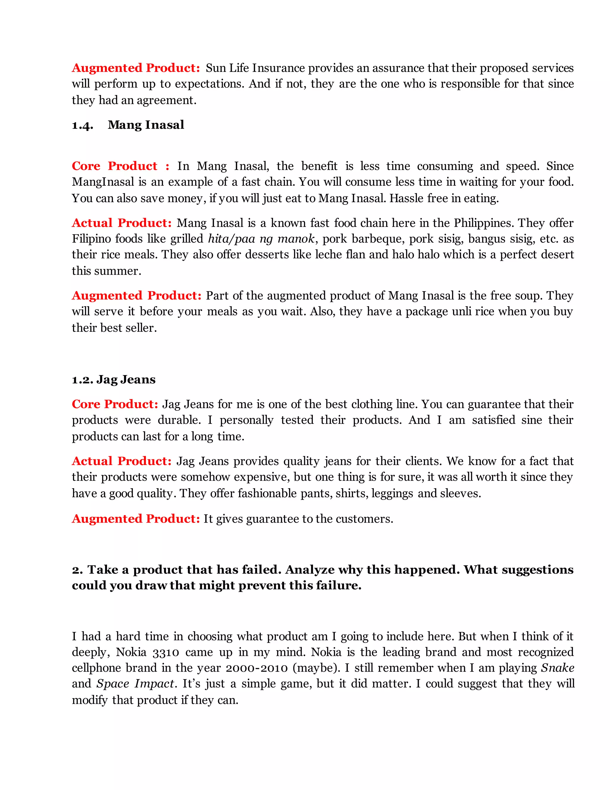 Core, actual and augmented products of different companies | DOCX