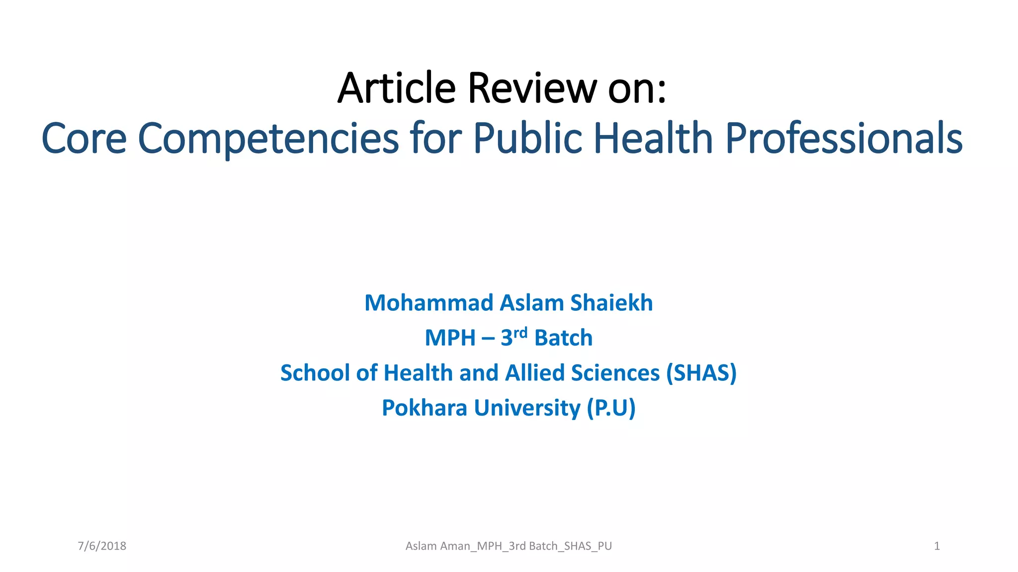 Core competencies for Public Health Professional : Article Review | PDF