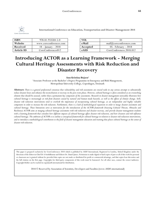 Introducing ACTOR as a Learning Framework - Merging Cultural Heritage Assessments with Risk ...