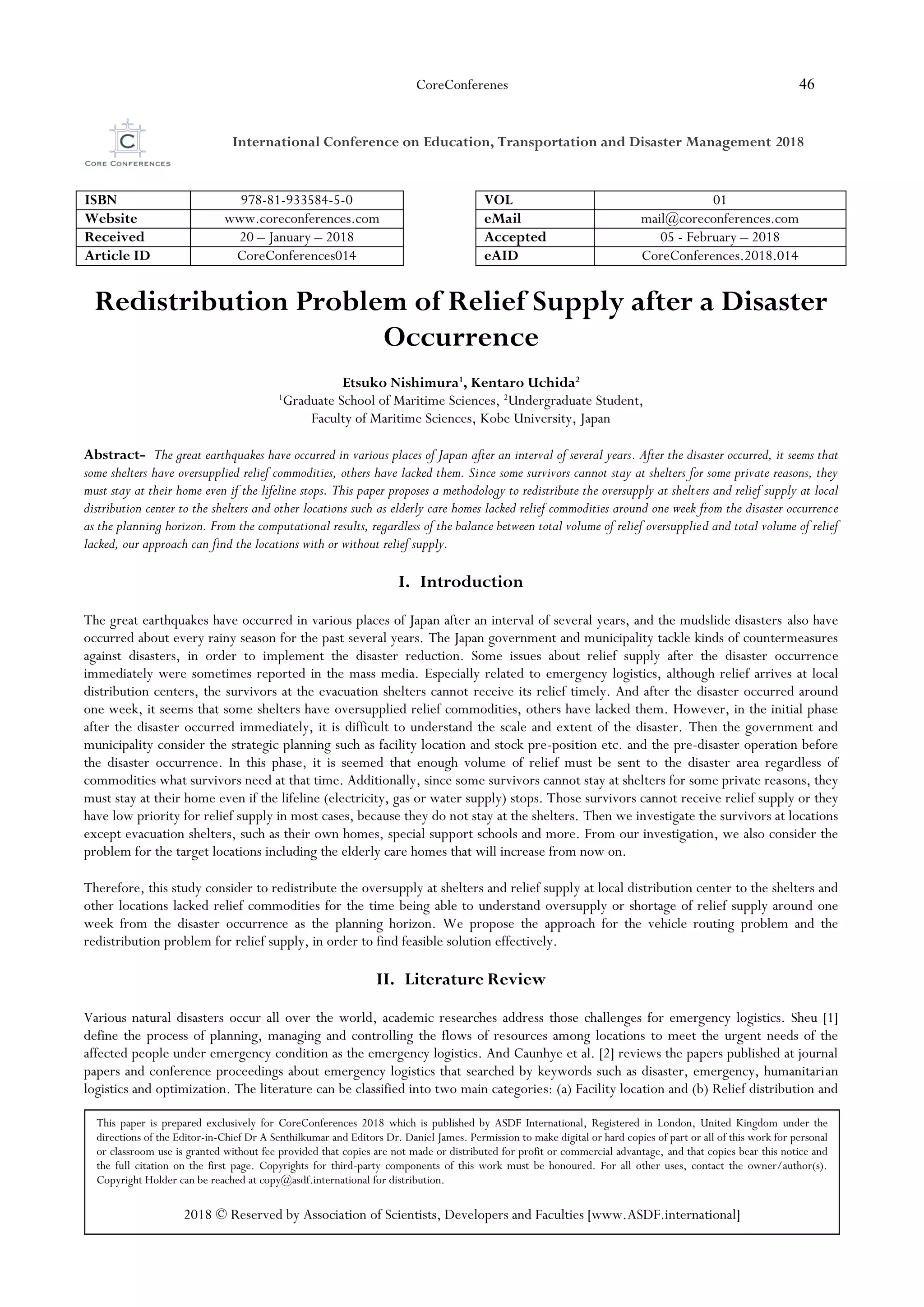 Redistribution Problem of Relief Supply after a Disaster Occurrence | PDF