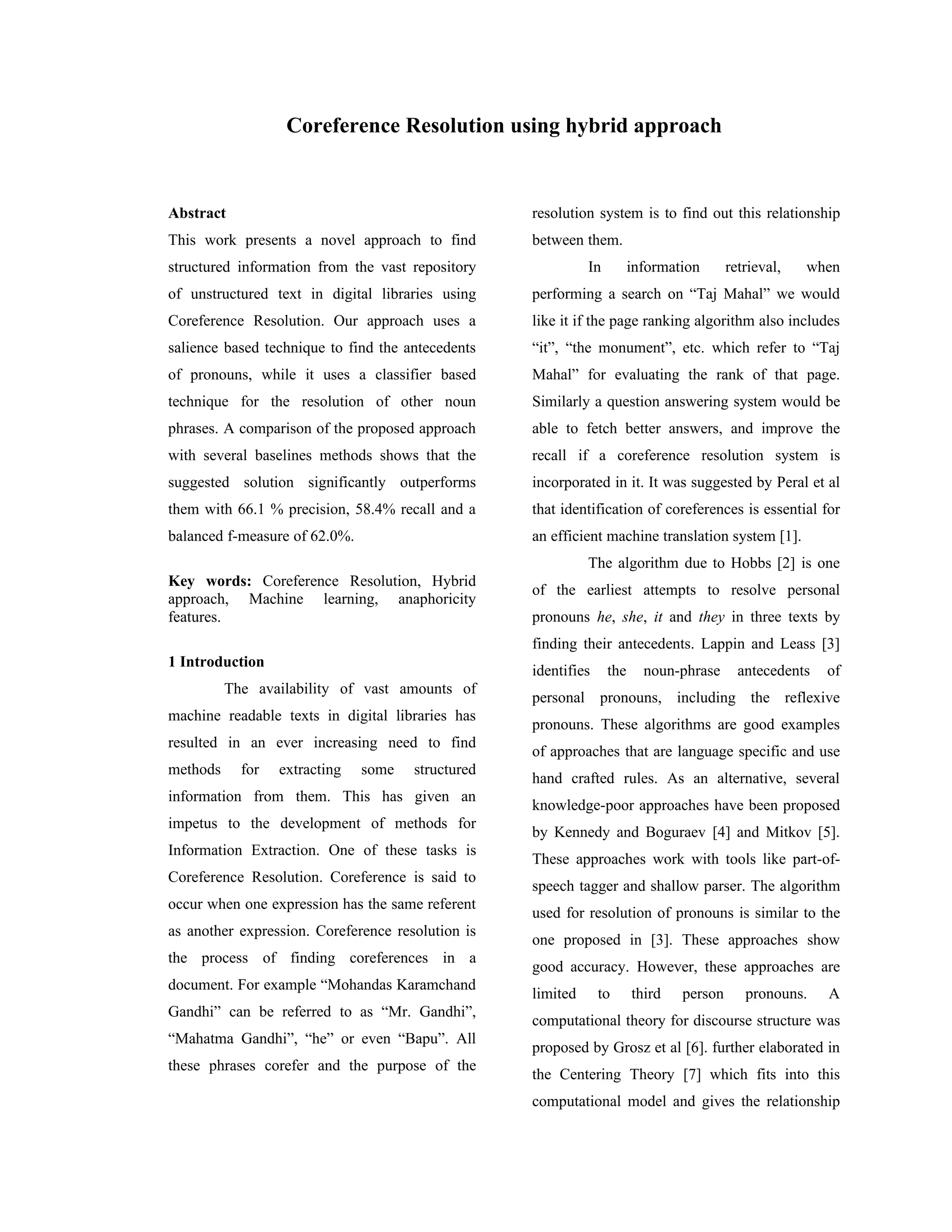 Coreference Resolution Using Hybrid Approach Pdf