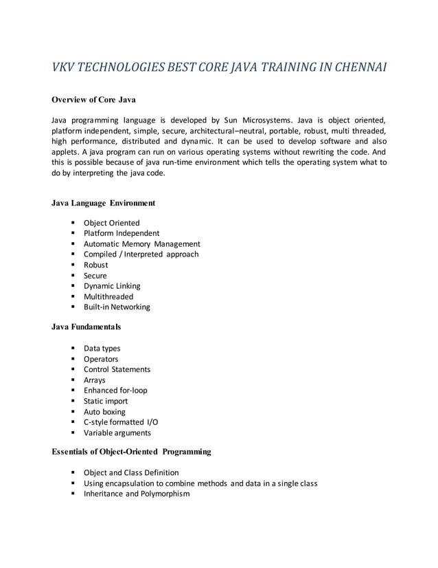 VKV TECHNOLOGIES BEST CORE JAVA TRAINING IN CHENNAI | DOCX | Programming Languages | Computing