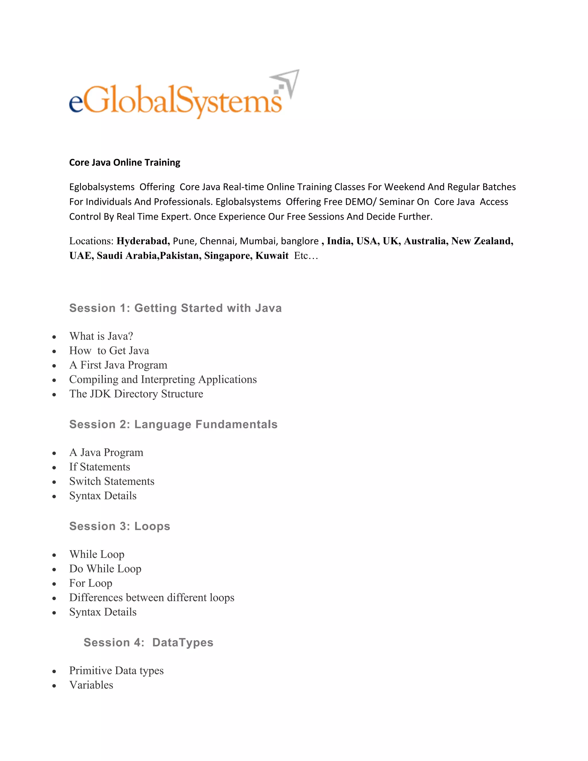 core java online training - eglobalsystems | PDF