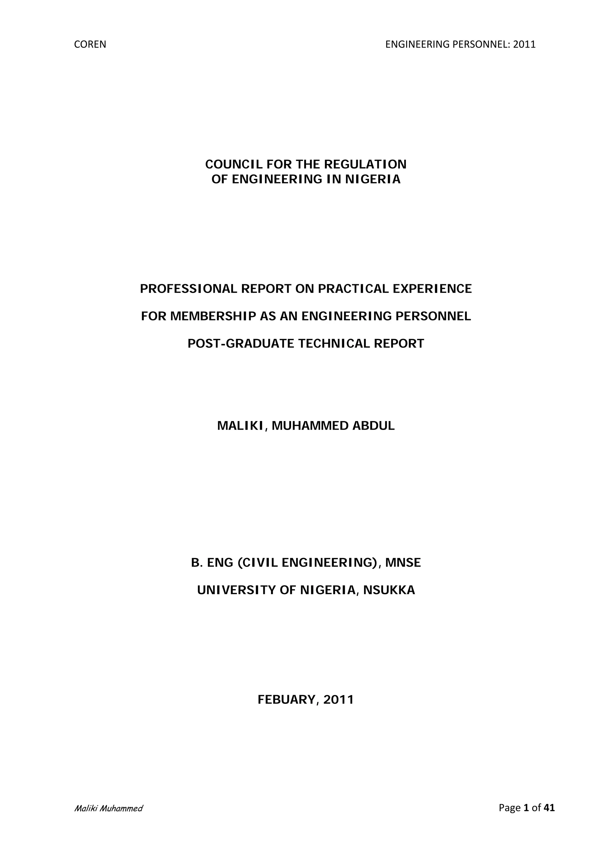 Coren Paper for Registered Engineering Personnel _ Maliki Muhammed | PDF