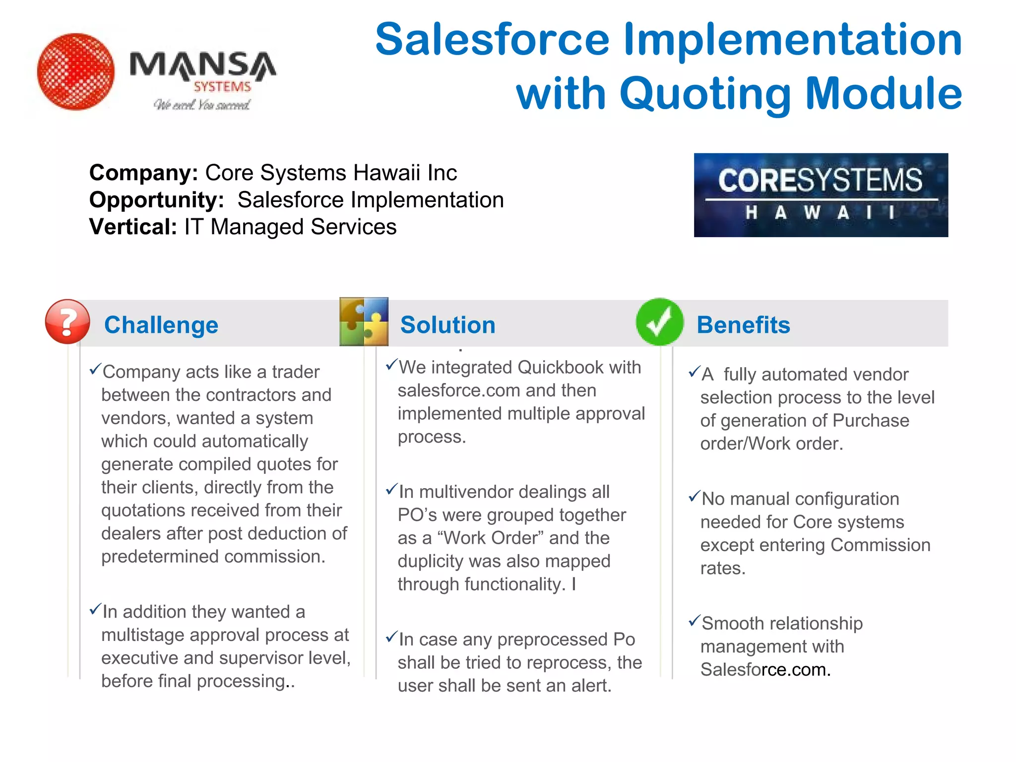 Core Systems Hawaii - Salesforce Implementation - Success Story | PPT | Sales | Business