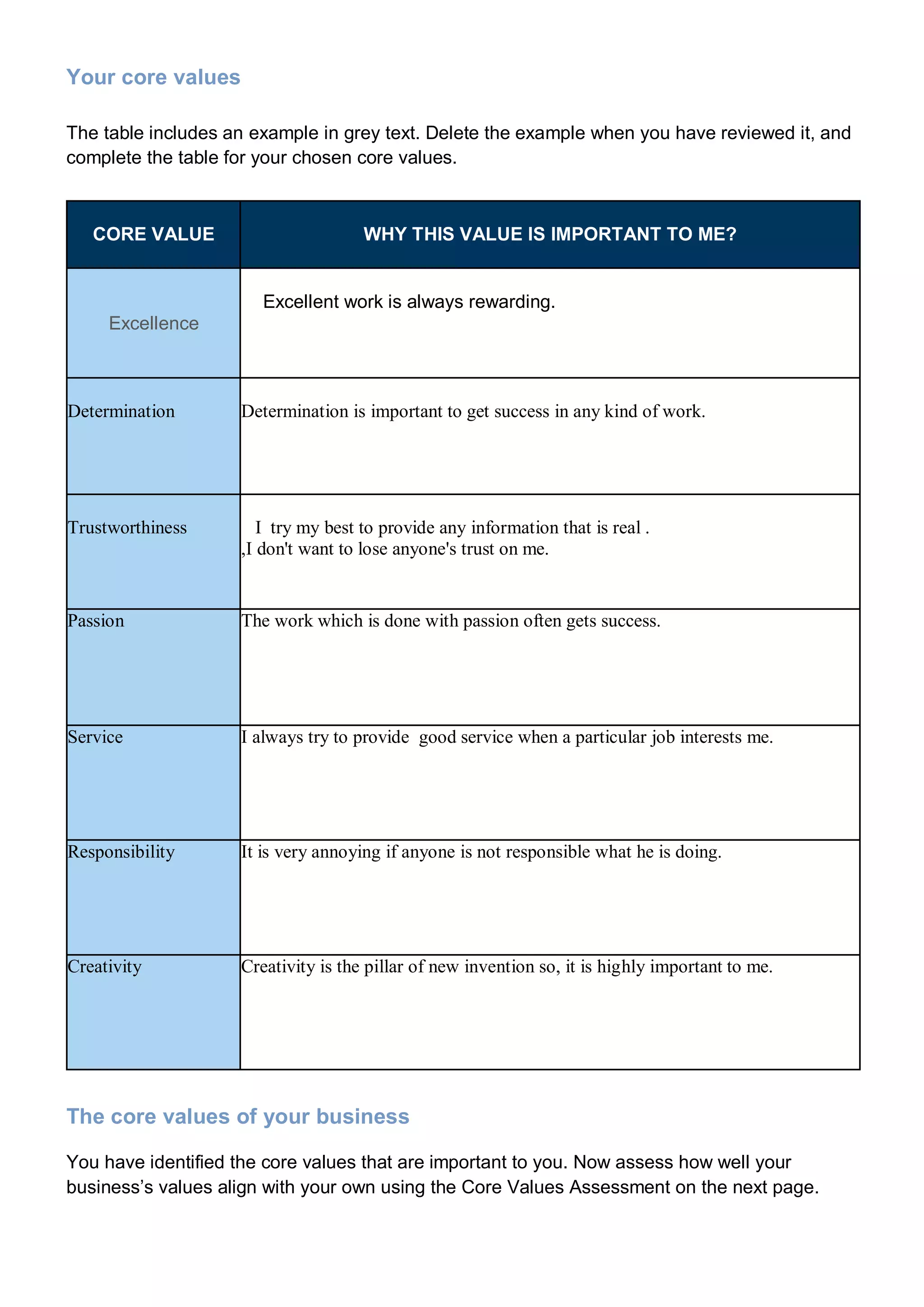 Core values | PDF | Business | Business and Finance