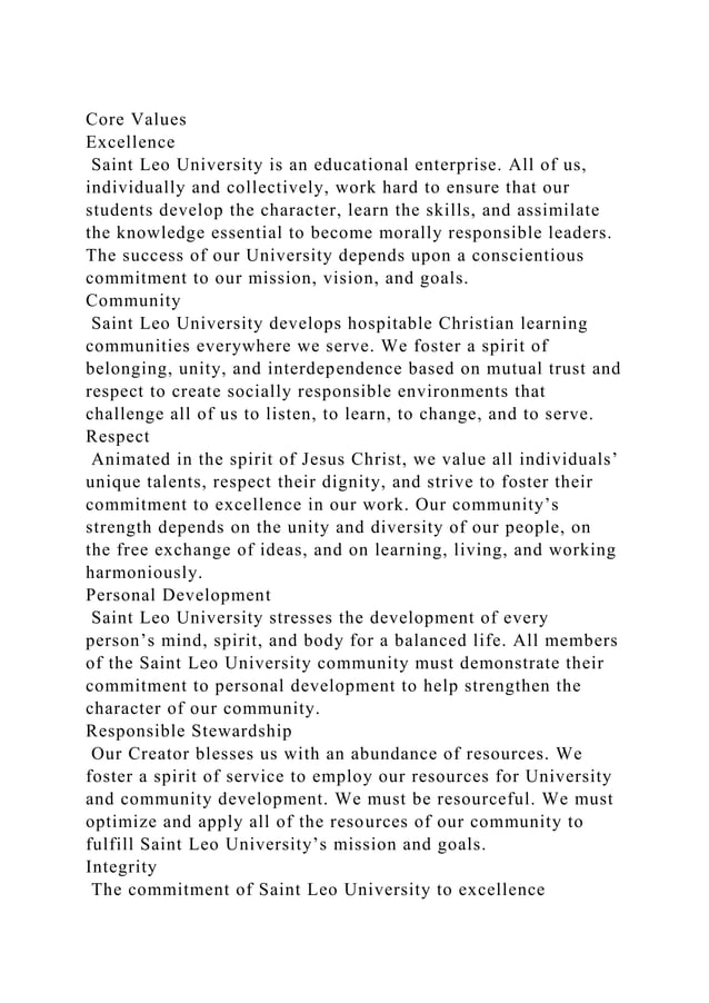 Core ValuesExcellence Saint Leo University is an educational ent.docx