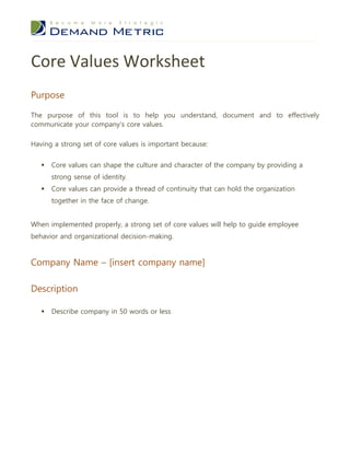Core Values Worksheet | PDF