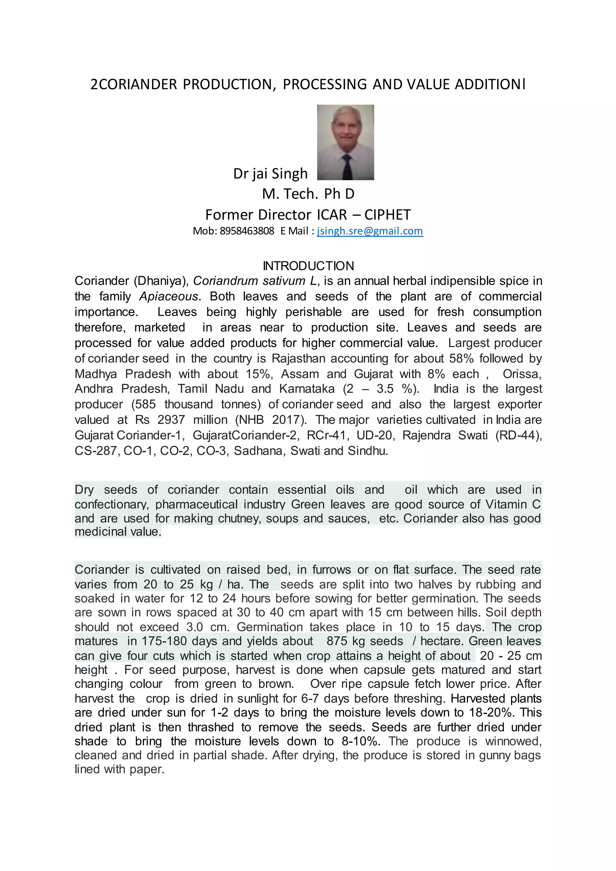 Coriander Production and Processing Technology | DOCX