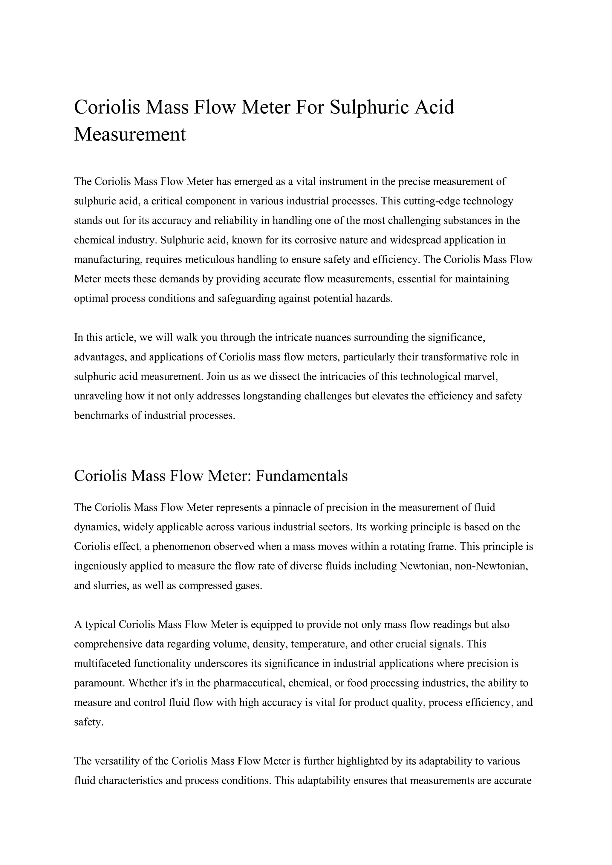 Coriolis Mass Flow Meter For Sulphuric Acid Measurement | DOCX