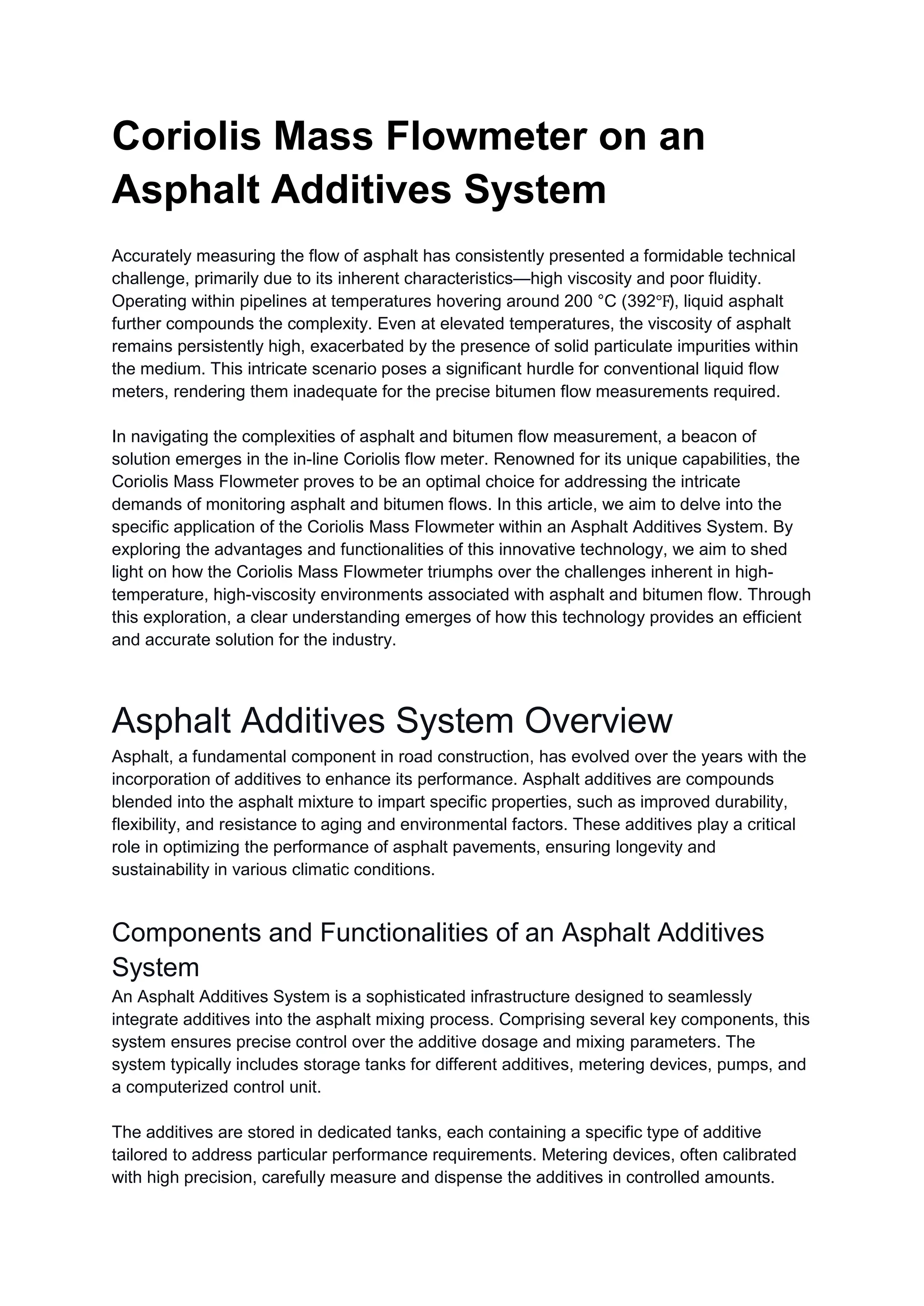 Coriolis mass flowmeter on an asphalt additives system | PDF