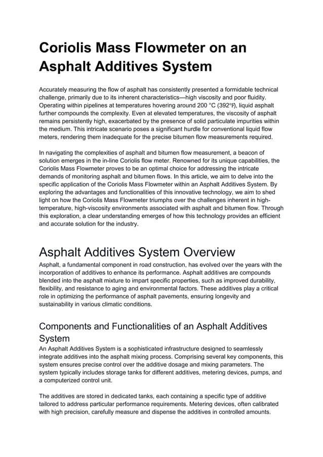 Coriolis mass flowmeter on an asphalt additives system | PDF