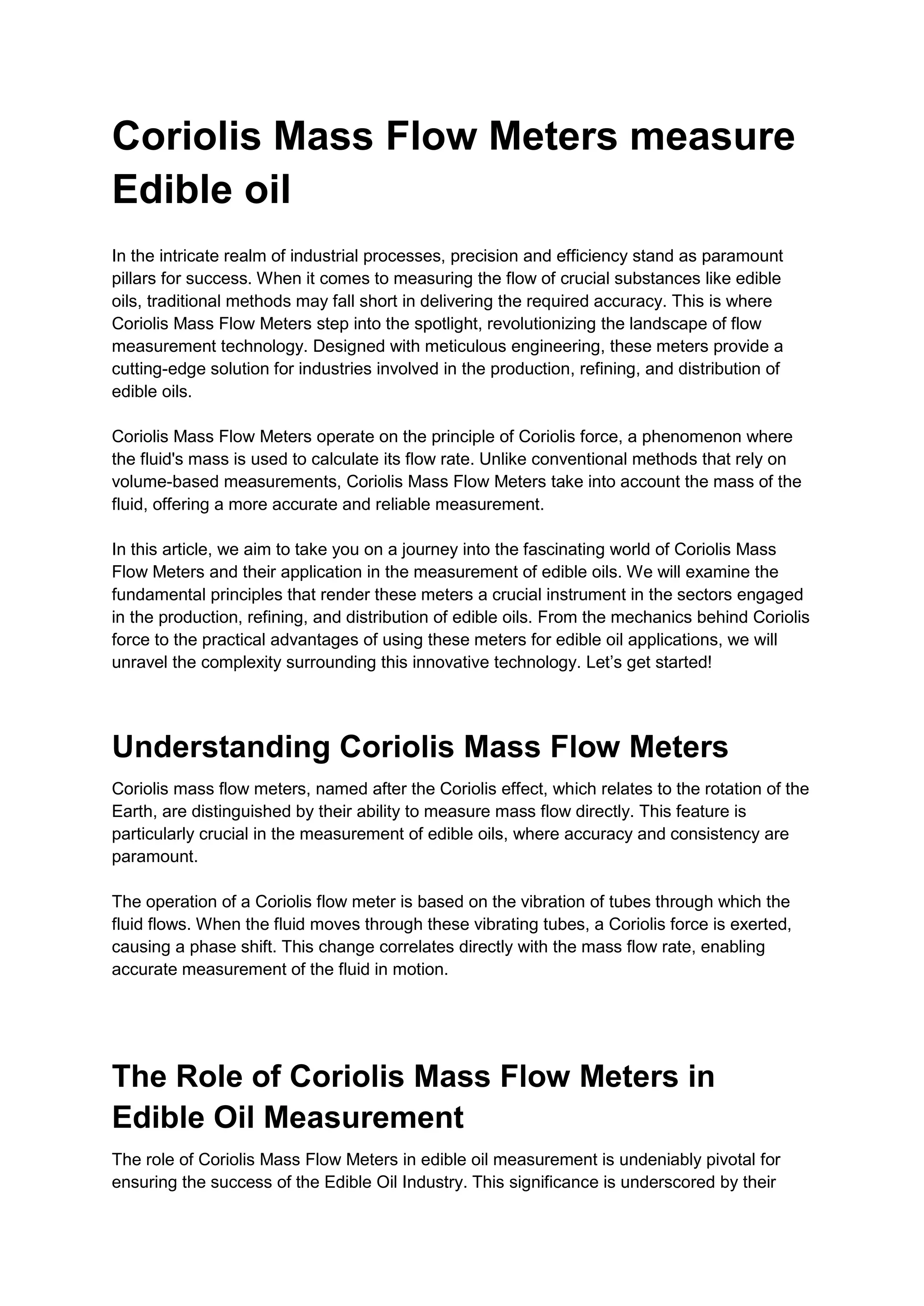 Coriolis Mass Flow Meters measure edible oil | DOCX