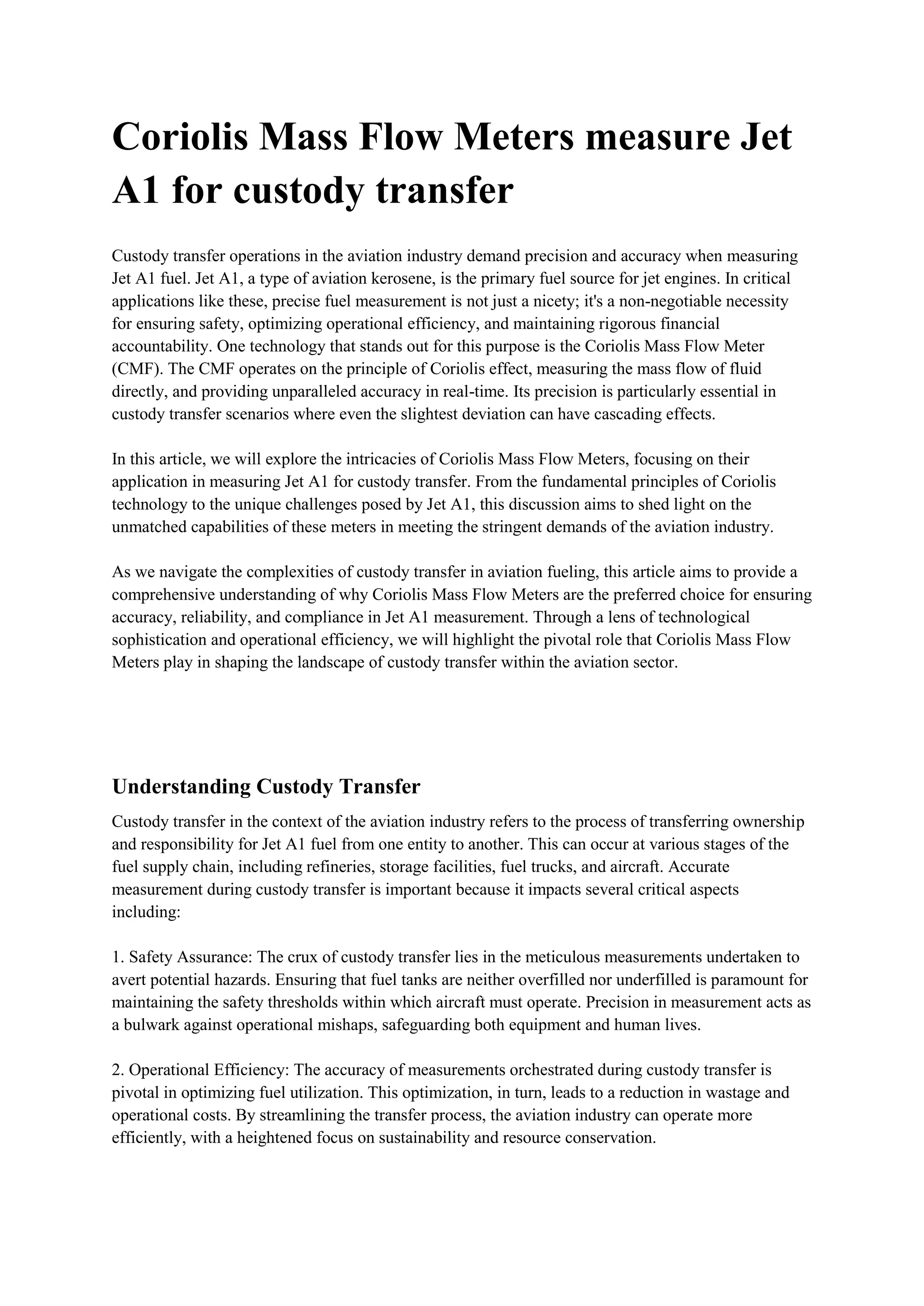 Coriolis Mass Flow Meters measure Jet A1 for custody transfer.docx