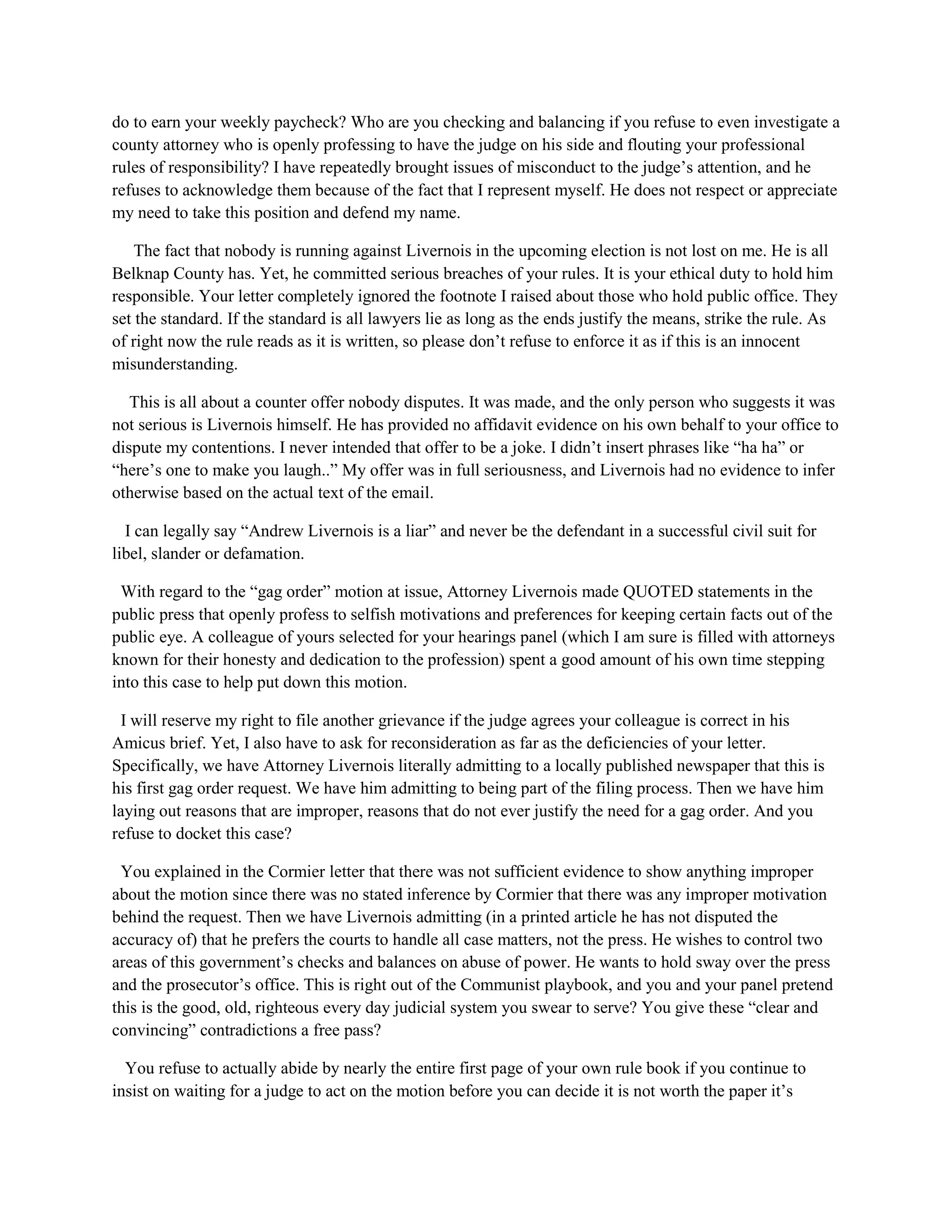 Response Letter to NH Attorney Discipline Committee Refusing to Docket ...