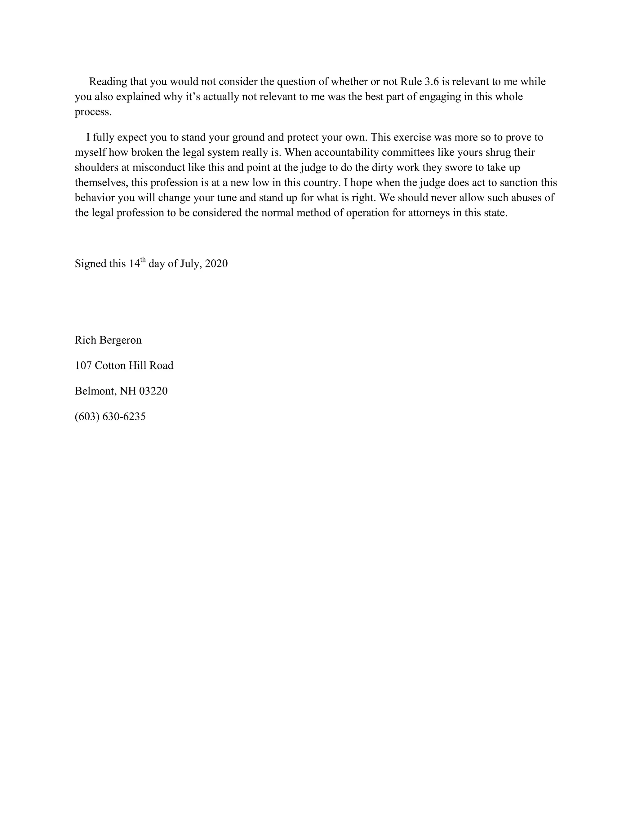 Response Letter to NH Attorney Discipline Committee Refusing to Docket ...