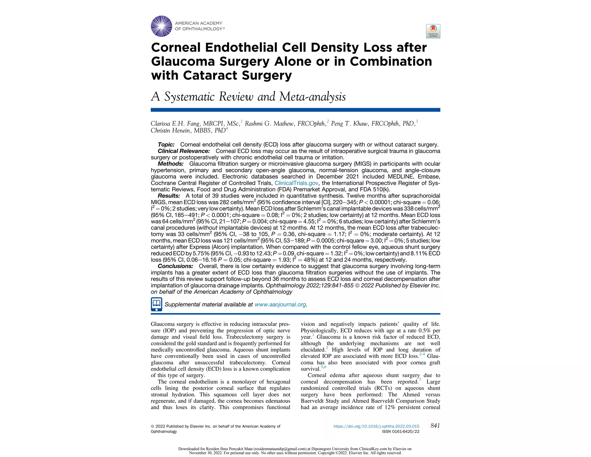 Corneal Endothelial Cell Density Loss after Glaucoma Surgery Alone or ...