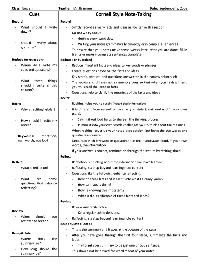 Cornell Style Notes Format | DOC