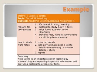 Cornell notes | PPTX | Homework and Study | Education
