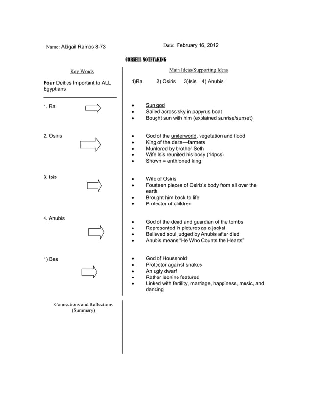 Abby's Cornell Notes Ancient Egyptian Gods and Goddesses 1 | PDF