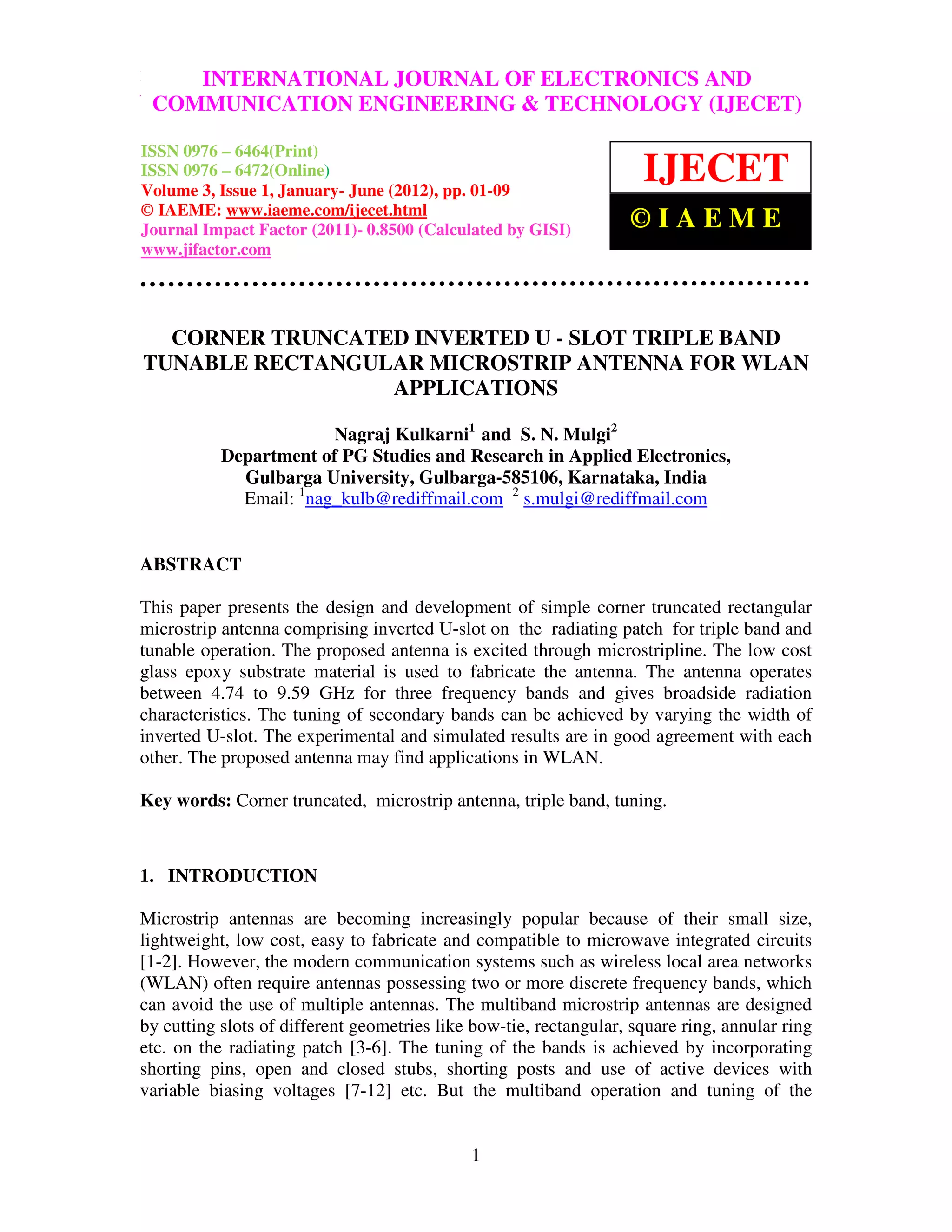 Corner truncated inverted u slot triple band tunable rectangular ...