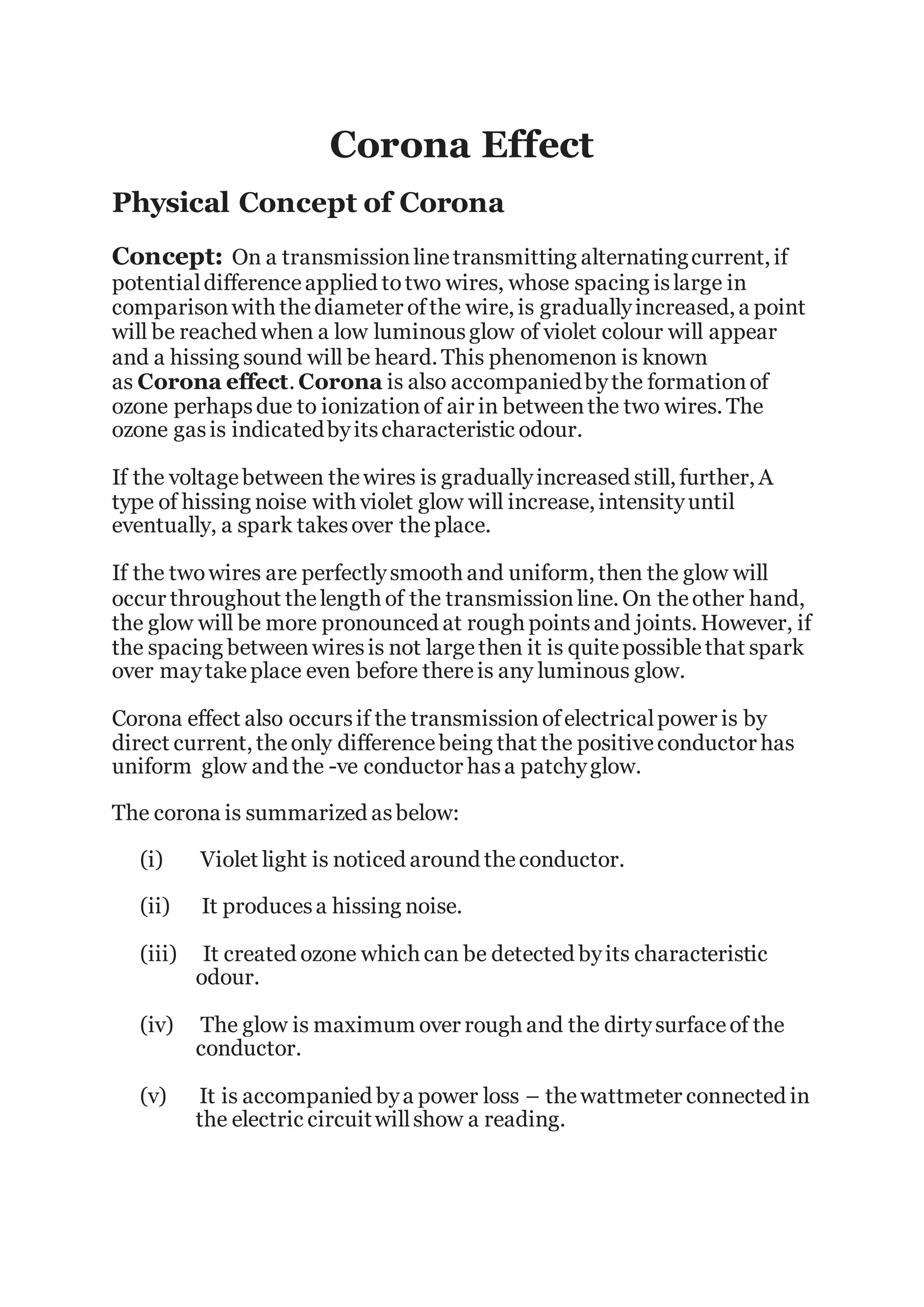 Corona Effect: What is Corona | Corona Effect in Transmission Line | DOCX