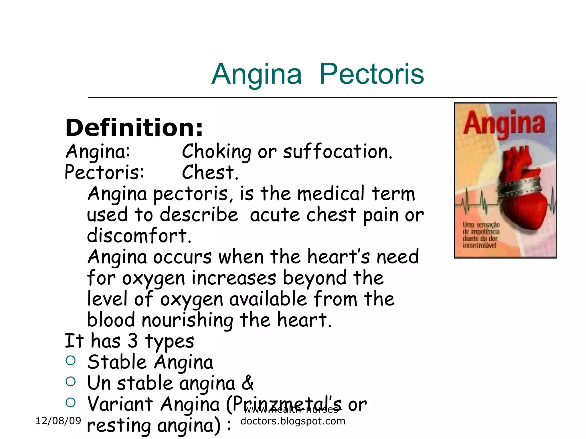Coronary Artery Disease, Angina pectoris, Myocardial Infarction | PPT
