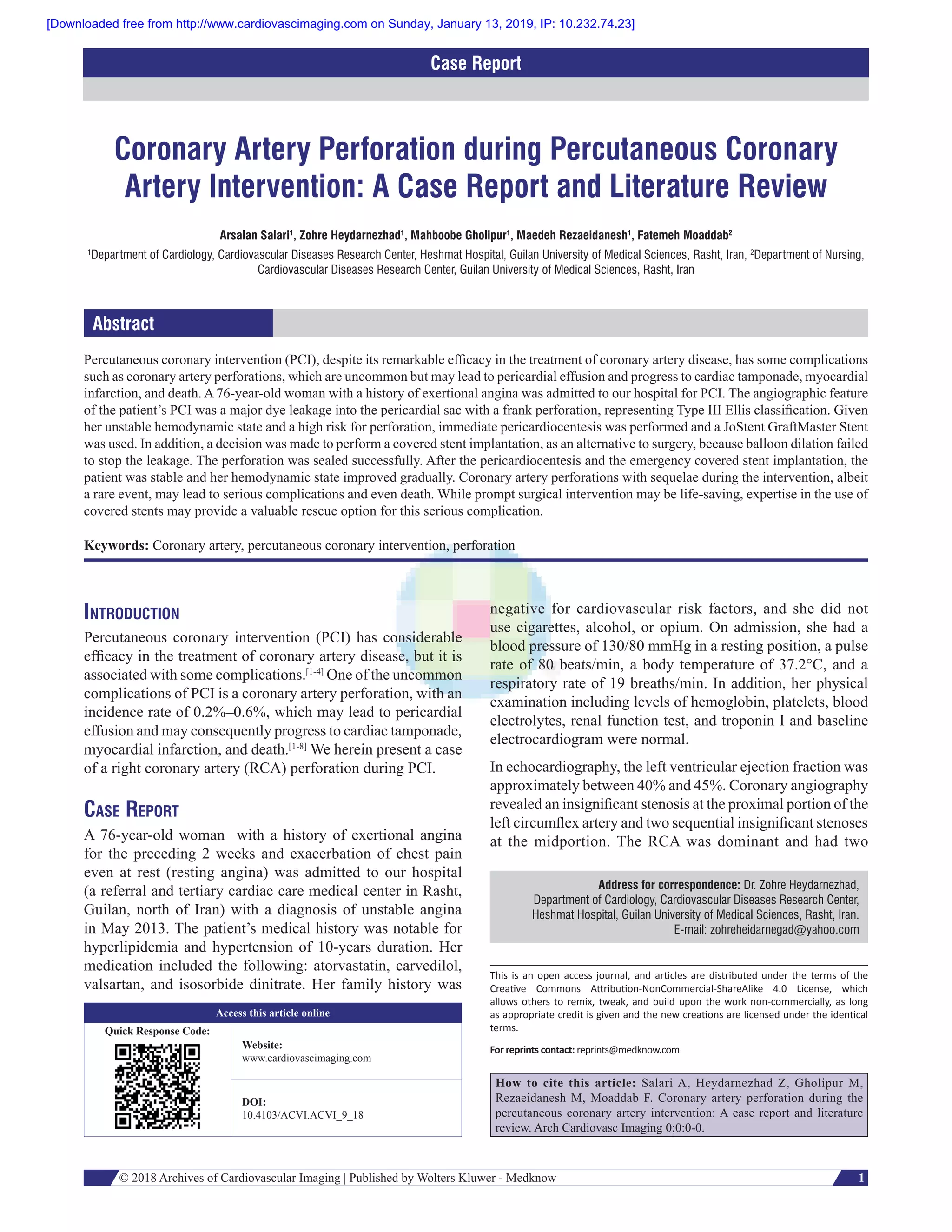 Coronary artery perforation during percutaneous coronary | PDF