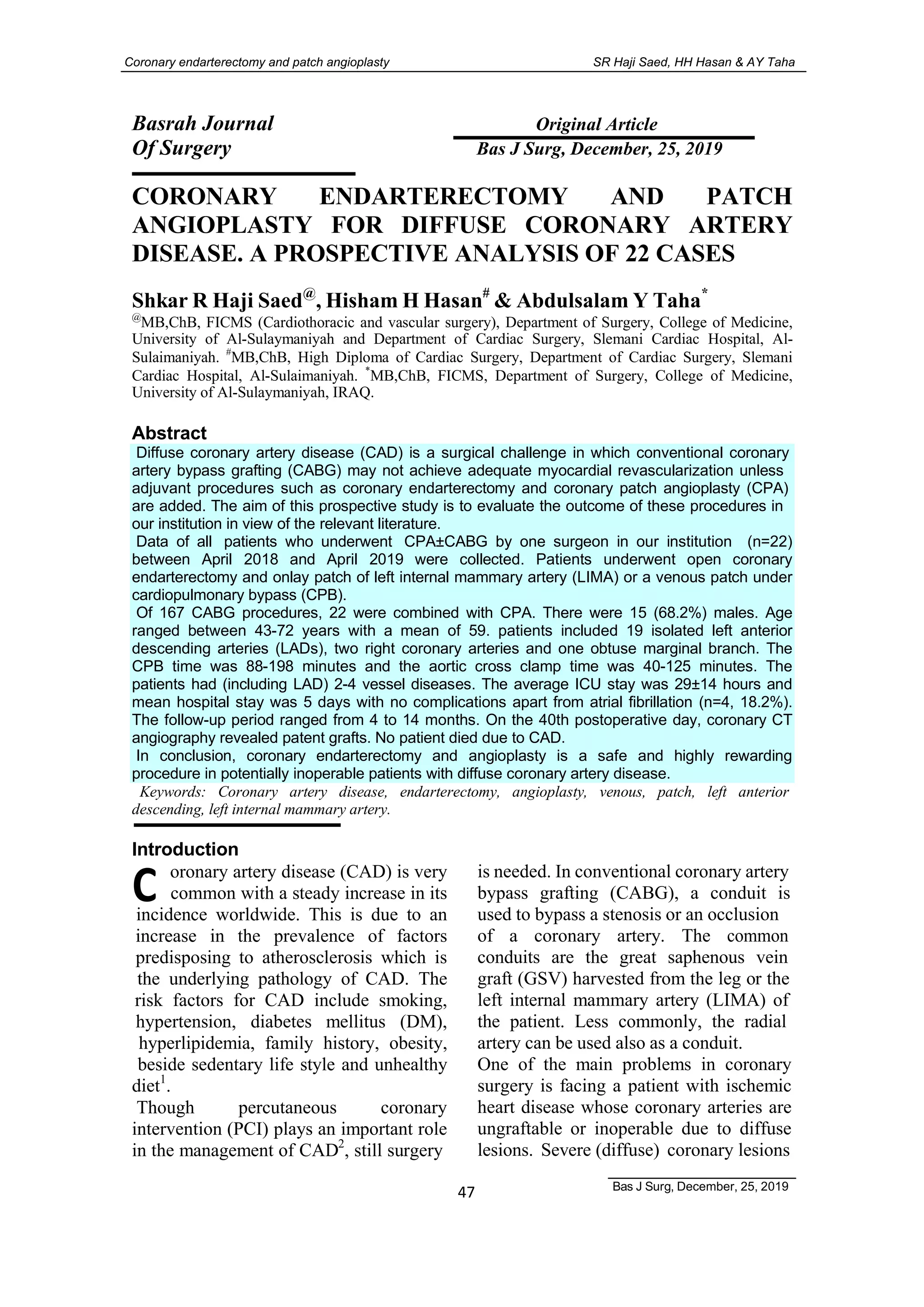 Coronary endarterectomy and patch angioplasty for diffuse coronary ...