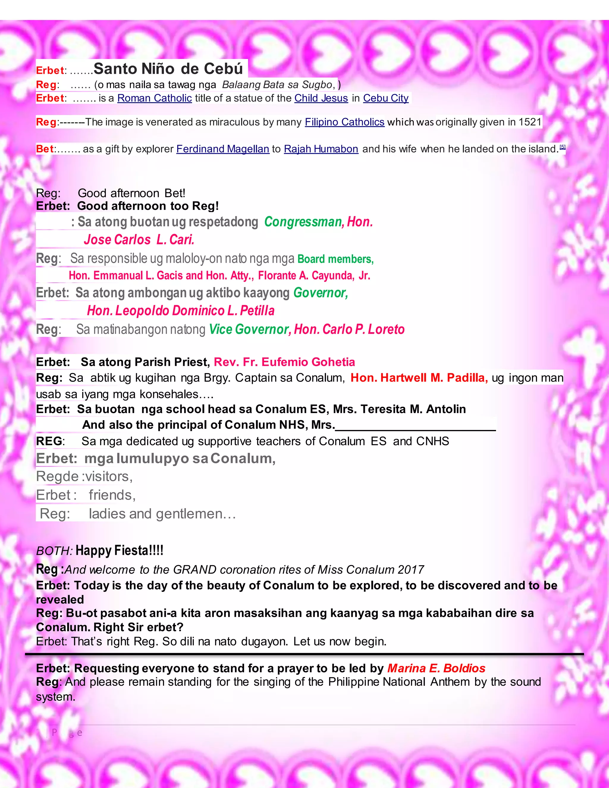 Anchoring Script for Coronation Miss conalum 2017 | PDF | Free Download