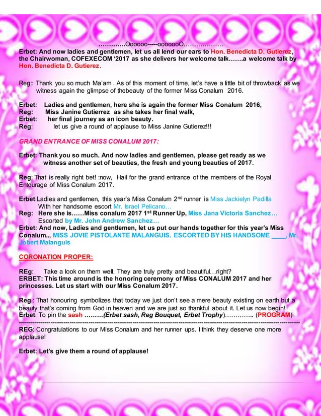 Anchoring Script for Coronation Miss conalum 2017 | PDF | Free Download
