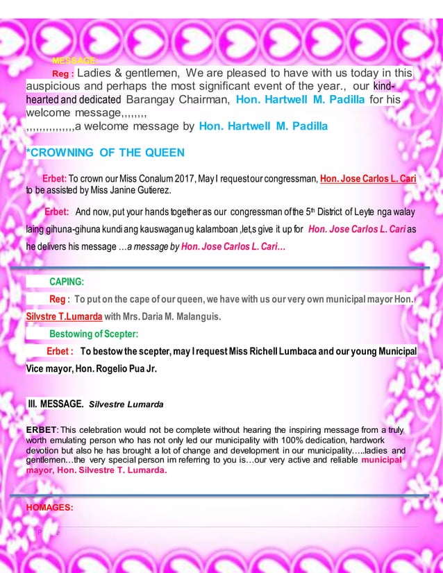 Anchoring Script for Coronation Miss conalum 2017 | PDF | Free Download