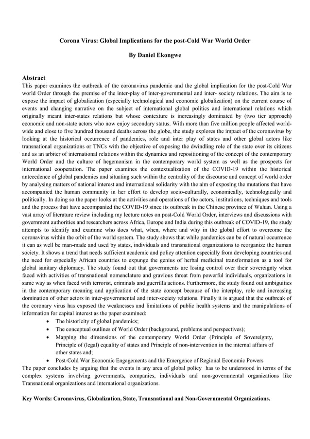 Corona virus: Global Implications on the post-Cold War World Order | PDF
