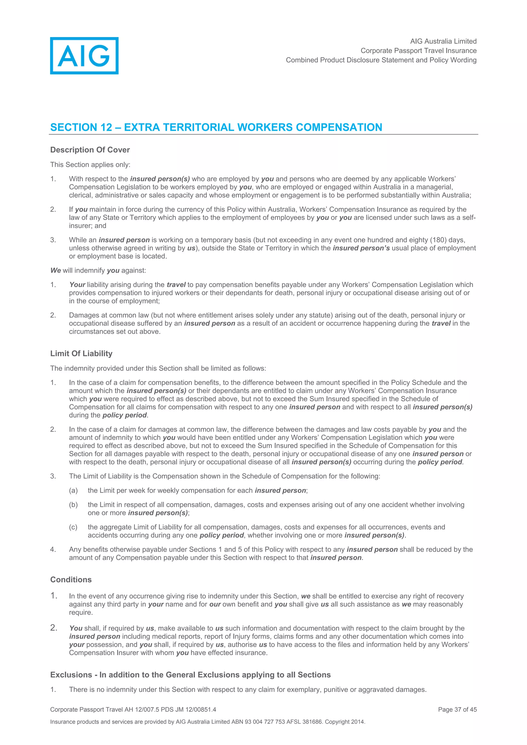 AIG Corporate Travel PDS | PDF