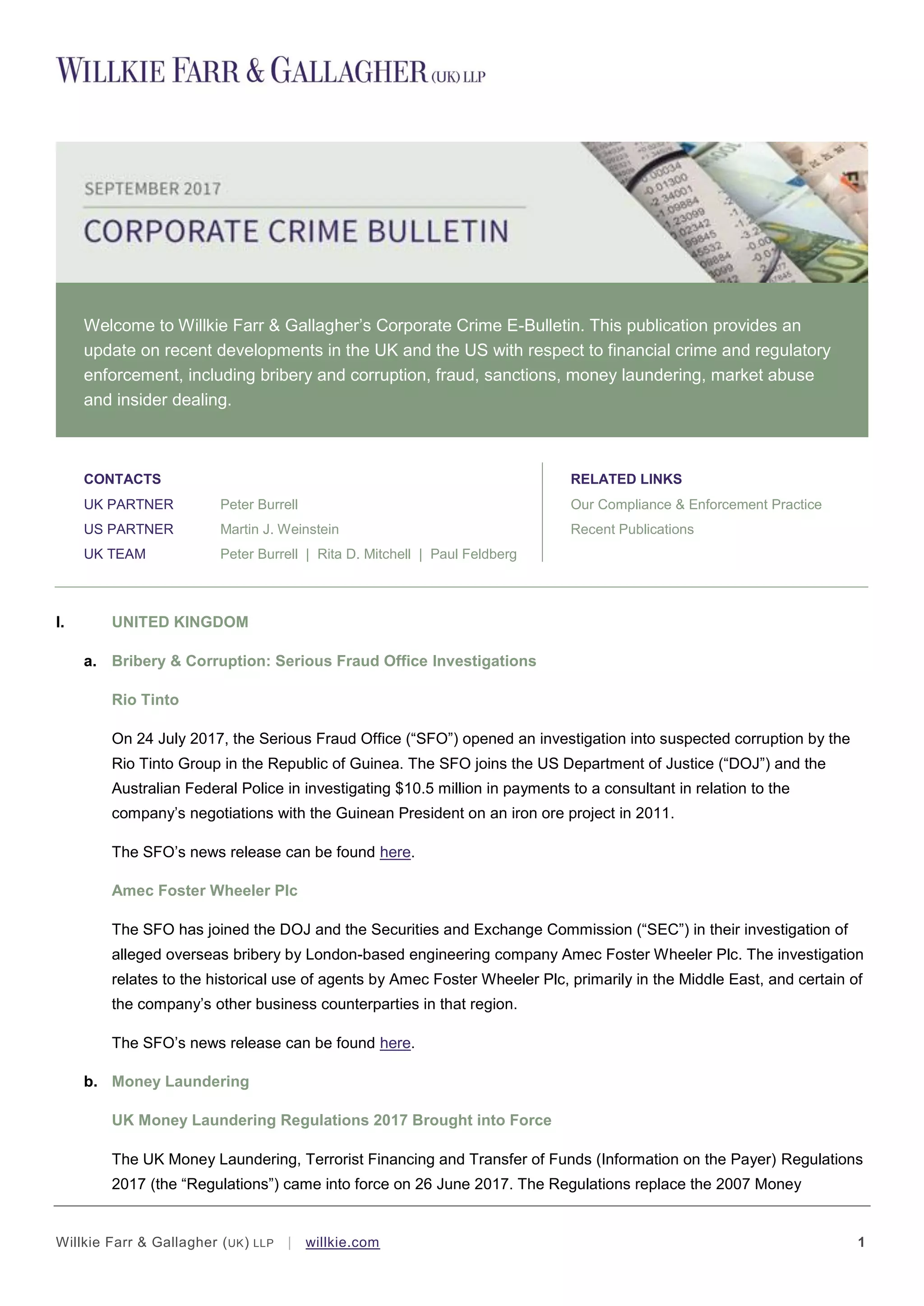 Willkie Farr & Gallagher Corporate Crime Bulletin September 2017 | PDF