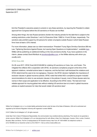 Willkie Farr & Gallagher Corporate Crime Bulletin September 2017 | PDF
