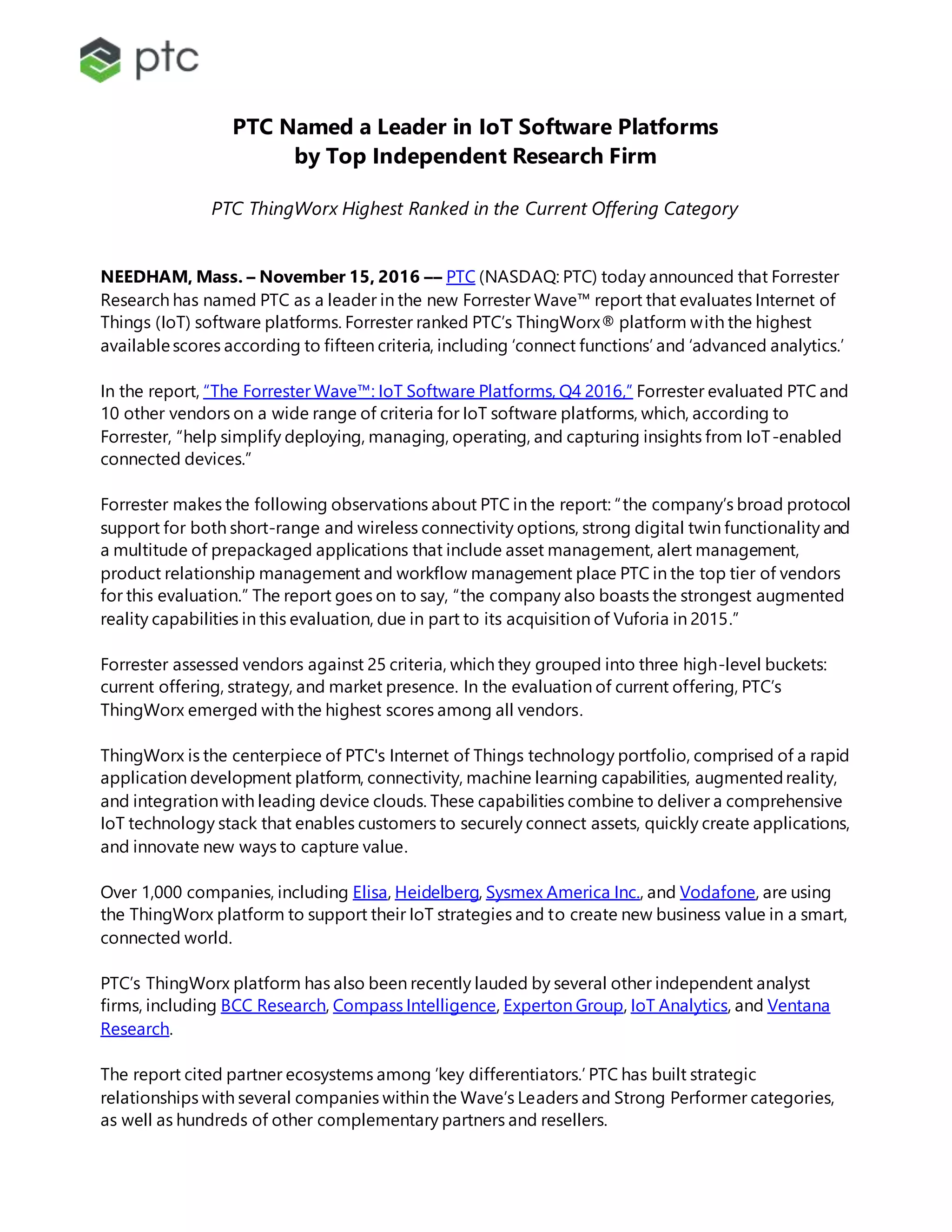 PTC Named a Leader in IoT Software Platforms by Top Independent Research Firm | DOCX