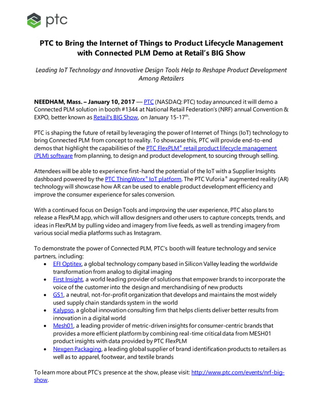 PTC to Bring the Internet of Things to Product Lifecycle Management ...