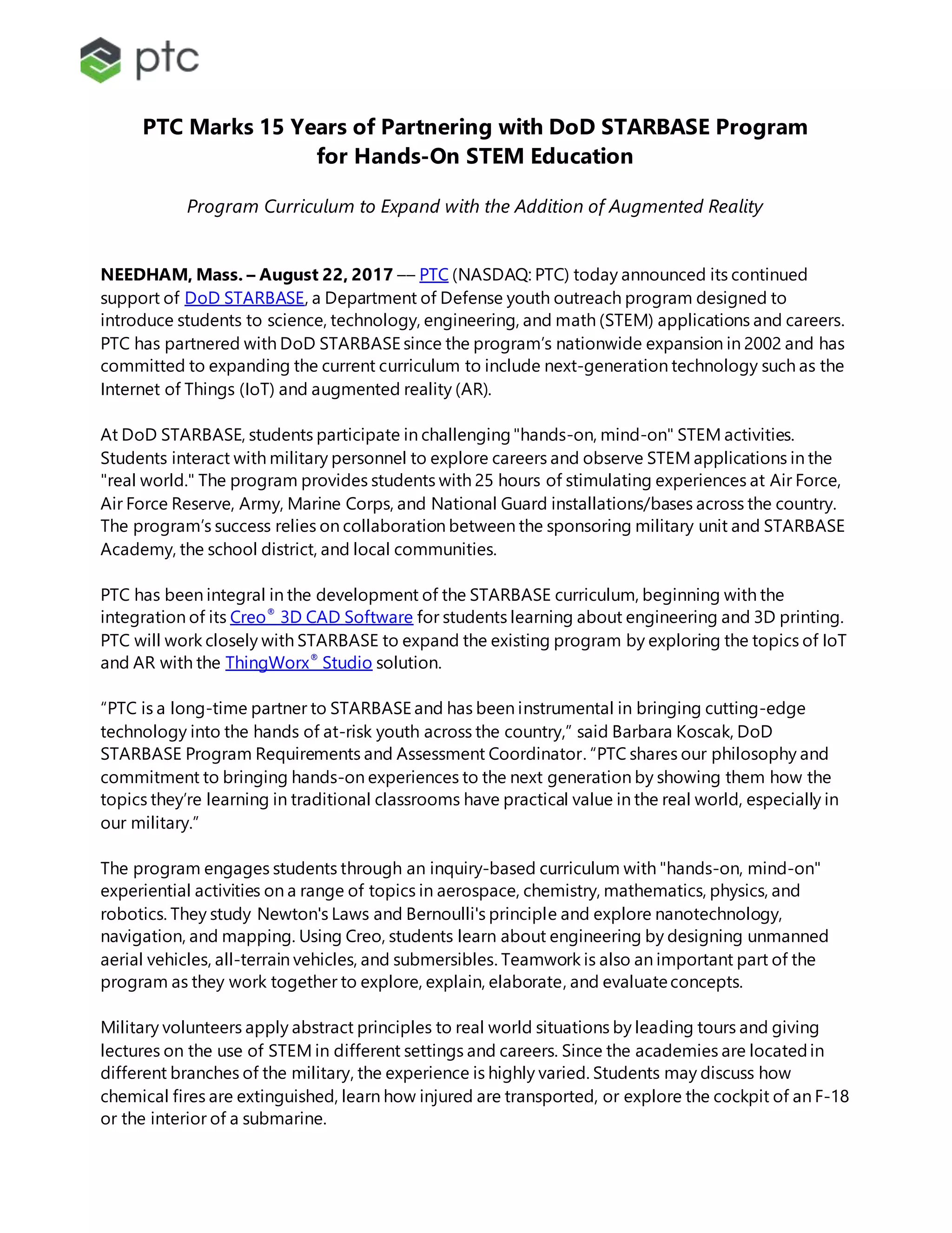 PTC Marks 15 Years of Partnering with DoD STARBASE Program for Hands-On STEM Education | DOCX ...