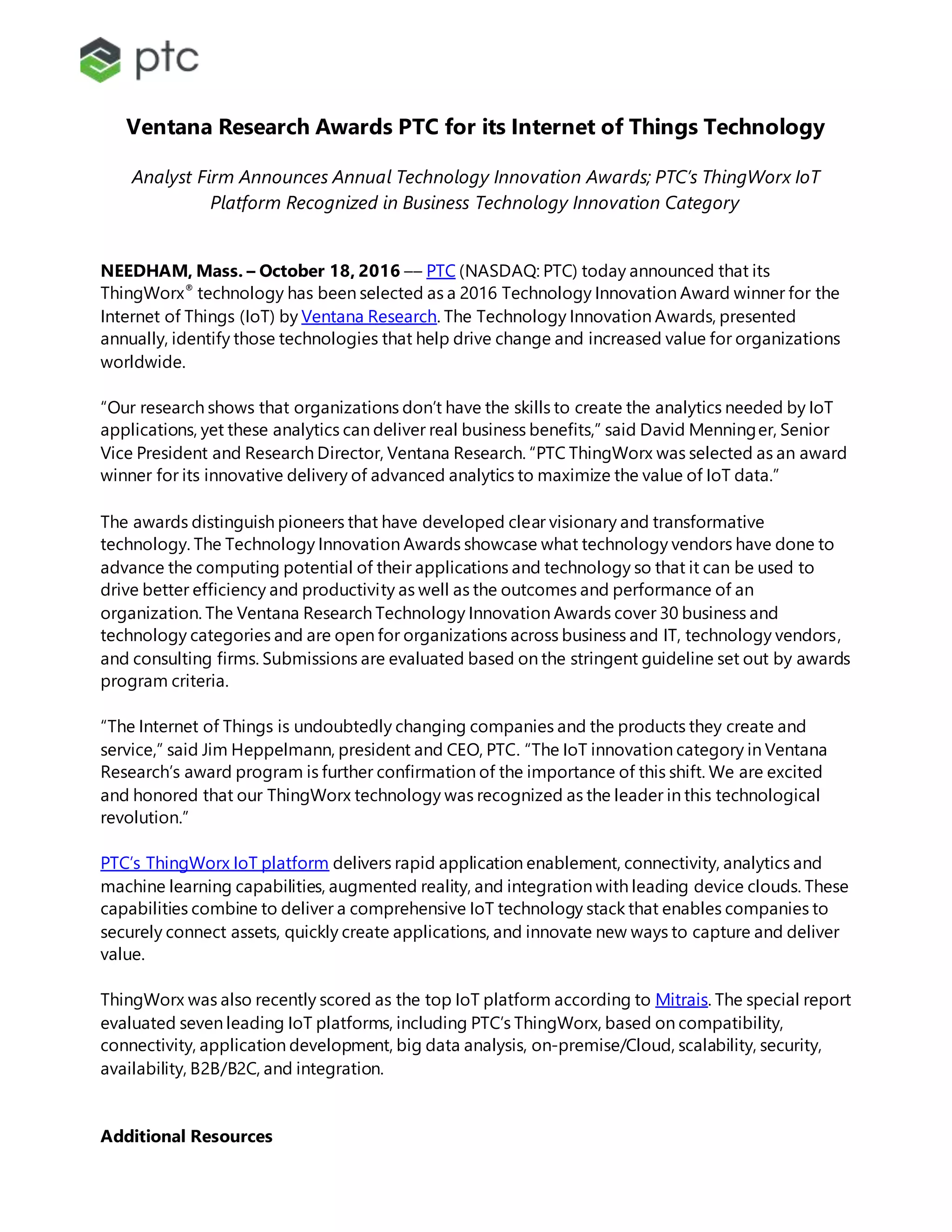 Ventana Research Awards PTC for its Internet of Things Technology | DOCX