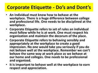 Corporate behaviour and etiquette | PPTX