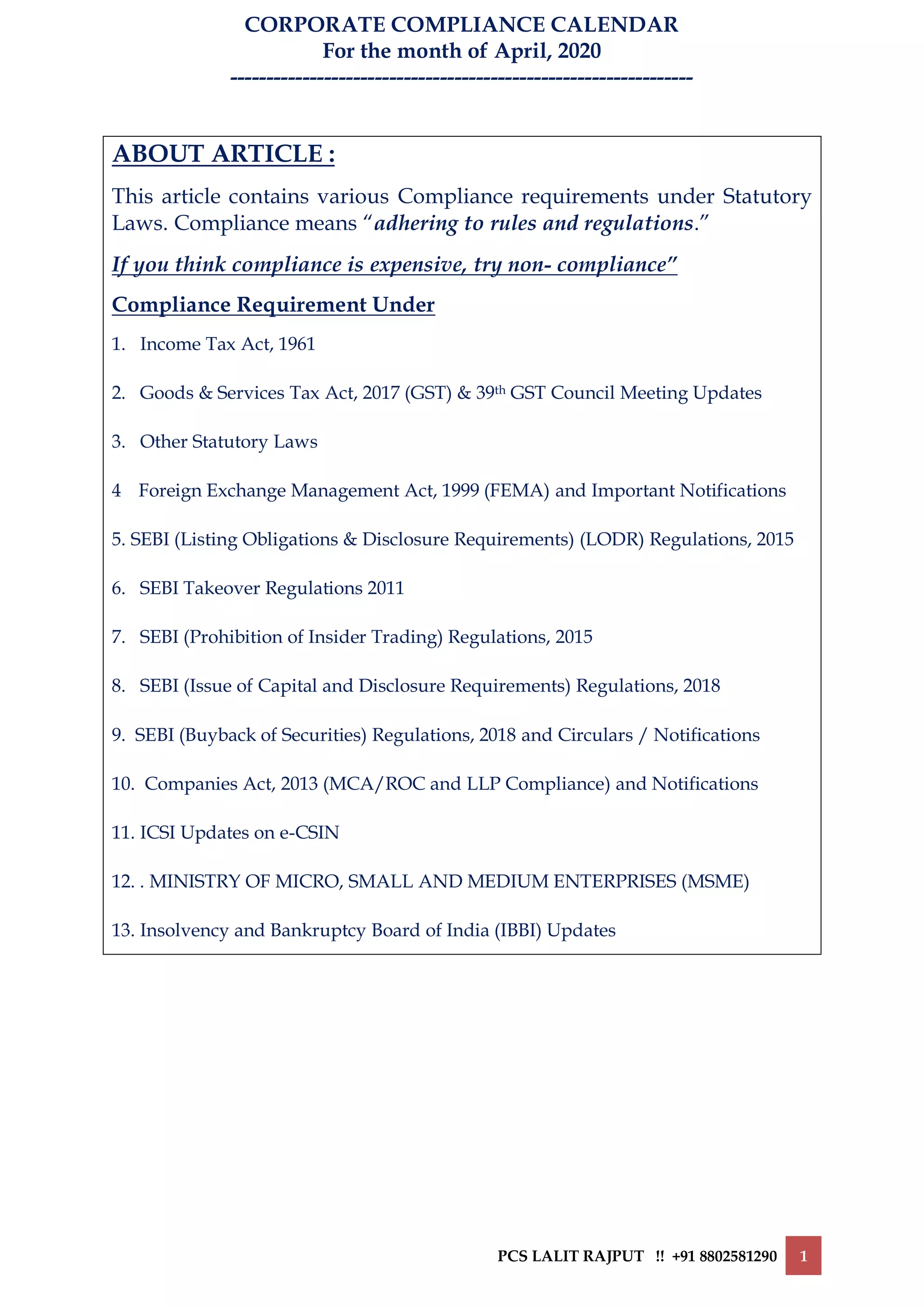 Corporate compliance calendar april 2020 | PDF