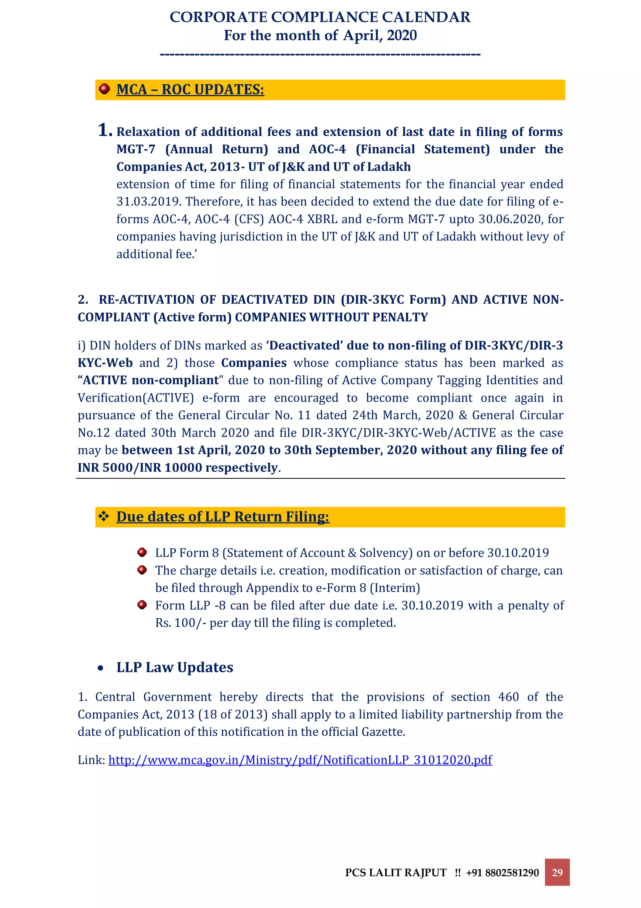 Corporate compliance calendar april 2020 | PDF