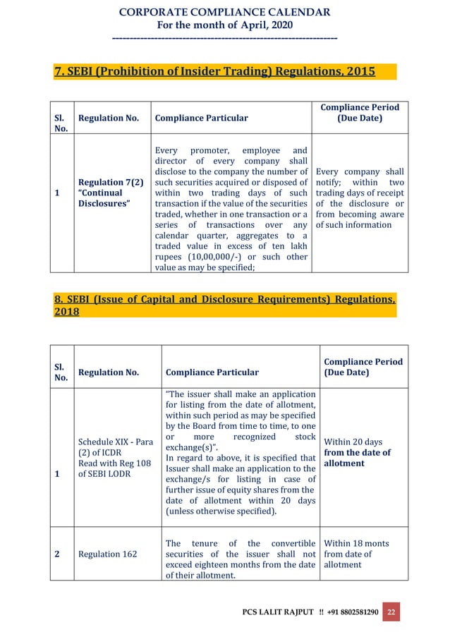 Corporate compliance calendar april 2020 | PDF
