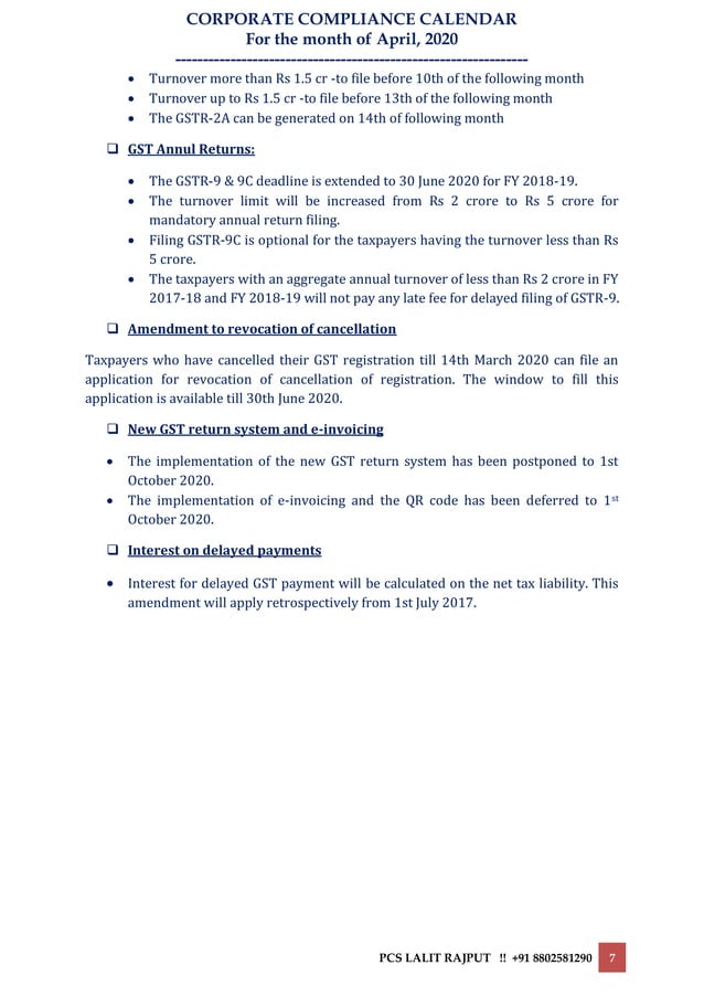 Corporate compliance calendar april 2020 | PDF